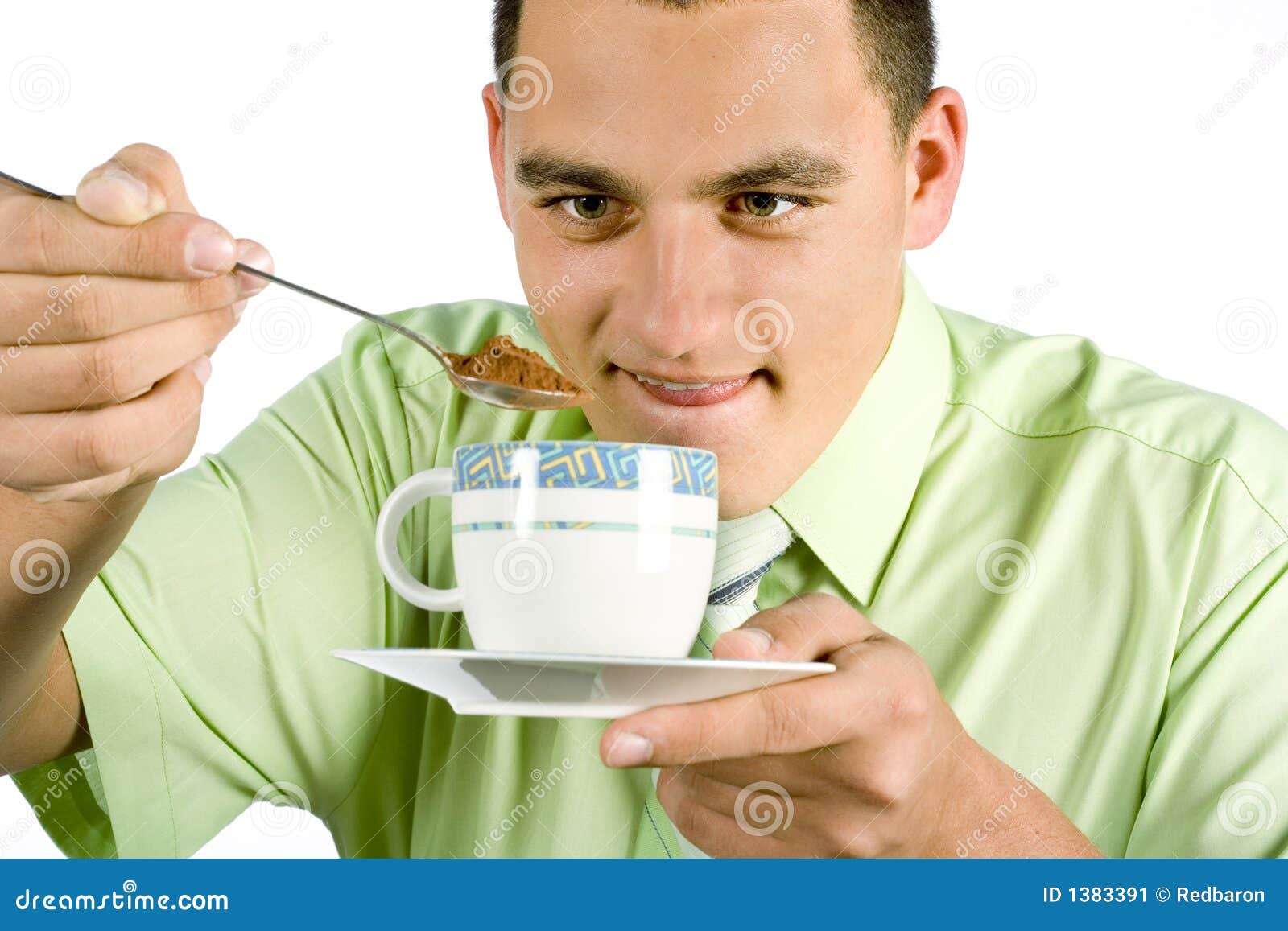 Man with Spoon and Cup Going To Make Hot Drink Stock Image - Image of ...