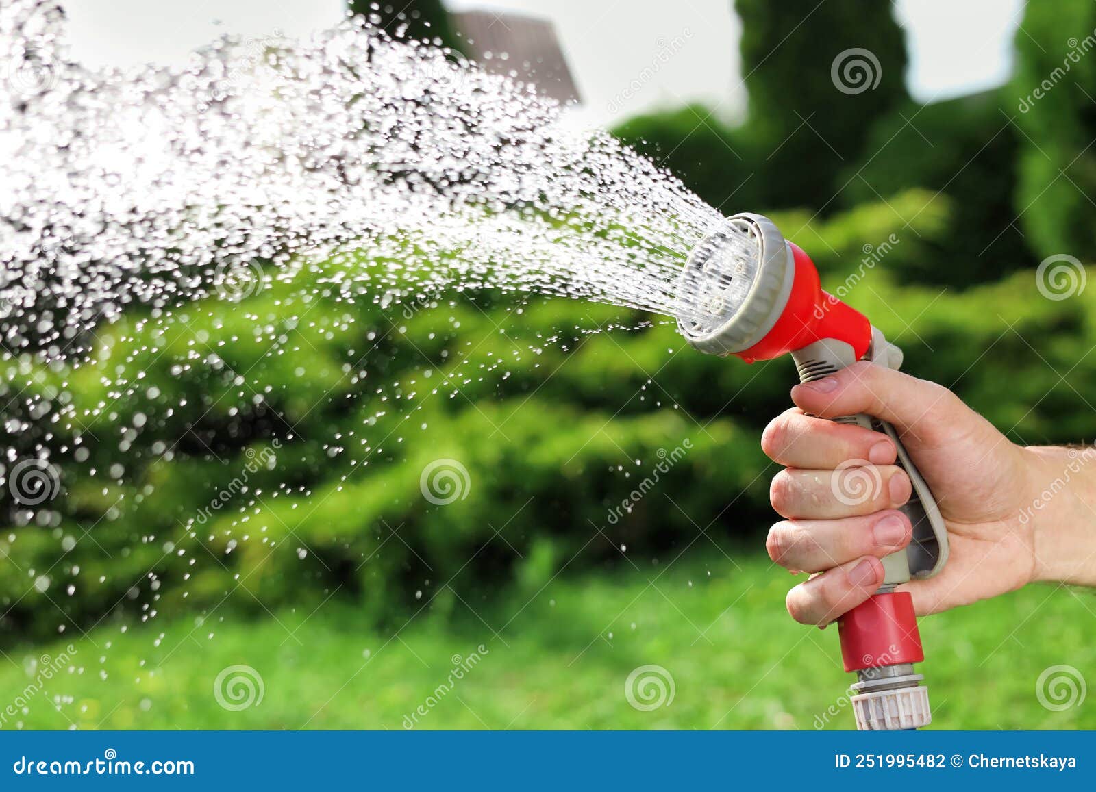 Man Spraying Water from Hose in Garden, Closeup Stock Photo - Image of ...