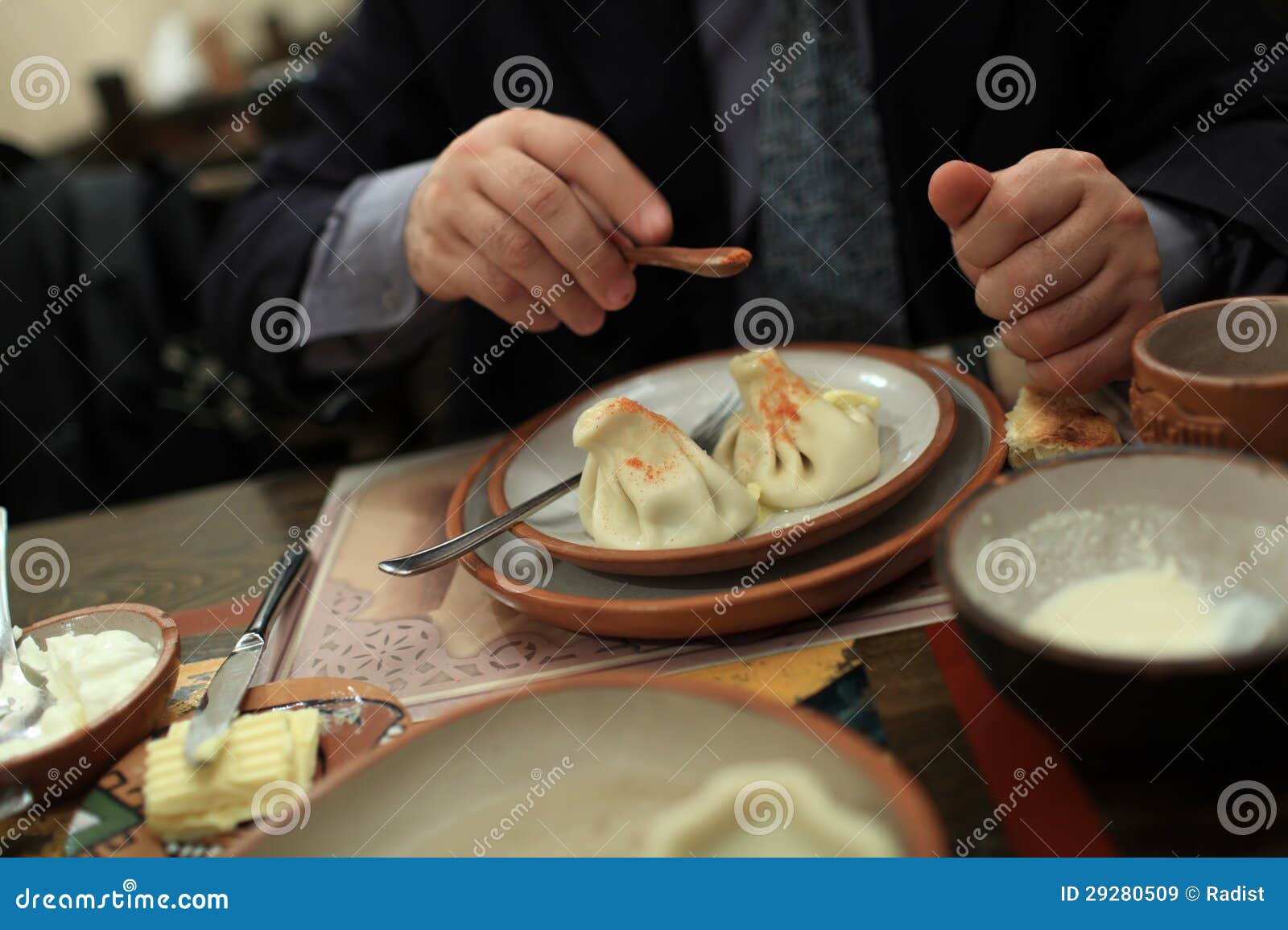Man Sprinkles with Red Pepper Khinkali Stock Image - Image of dinner ...