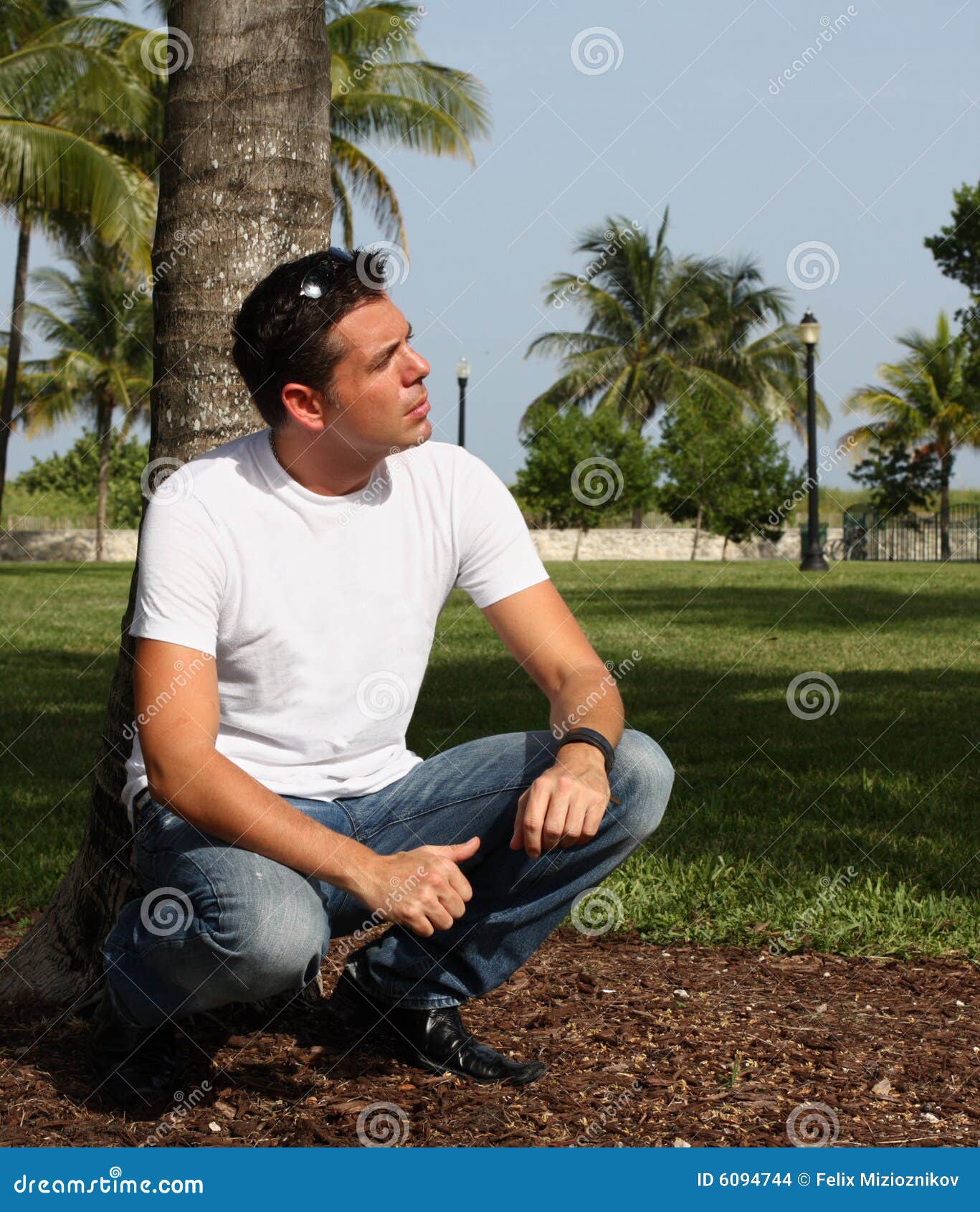 Man Squatting by a Palm stock photo. Image of summer, rest - 6094744