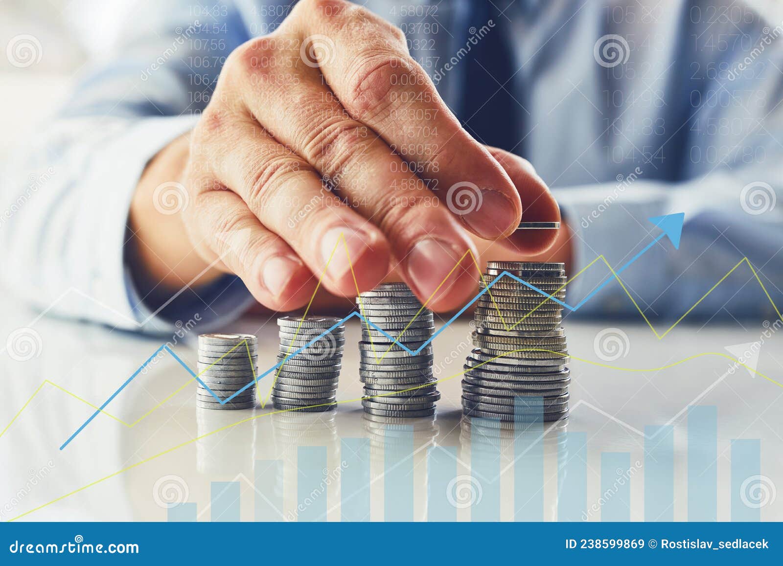 Stacks Of Coins And Dollar Bills, Calculator, Blank Blackboard In The ...