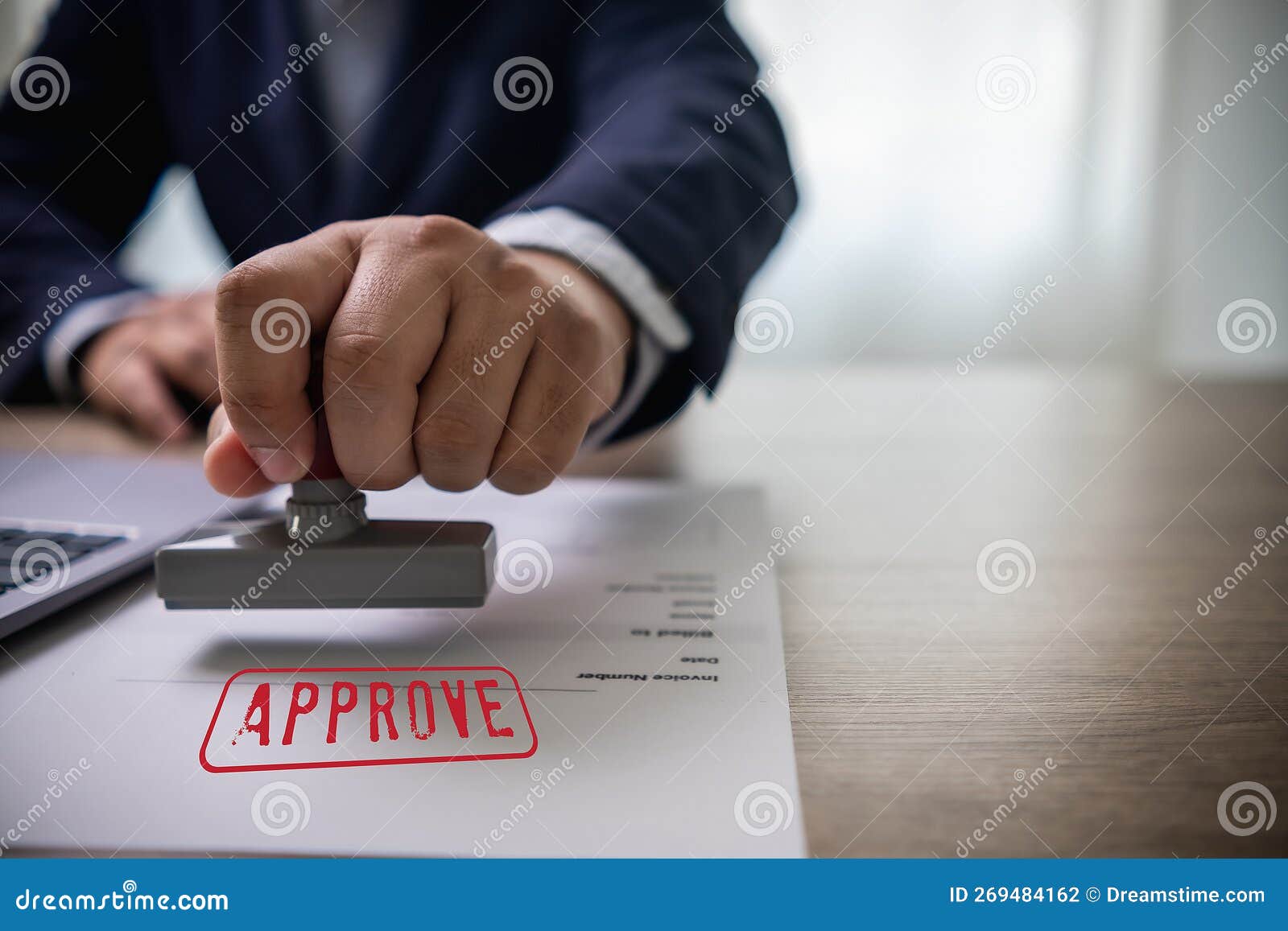 Man Stamping Approval Text is Approved by Stamping the Document on ...