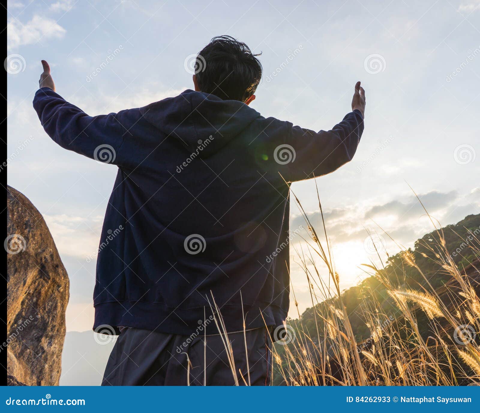 Man stand on mountain stock image. Image of stand, hands - 84262933