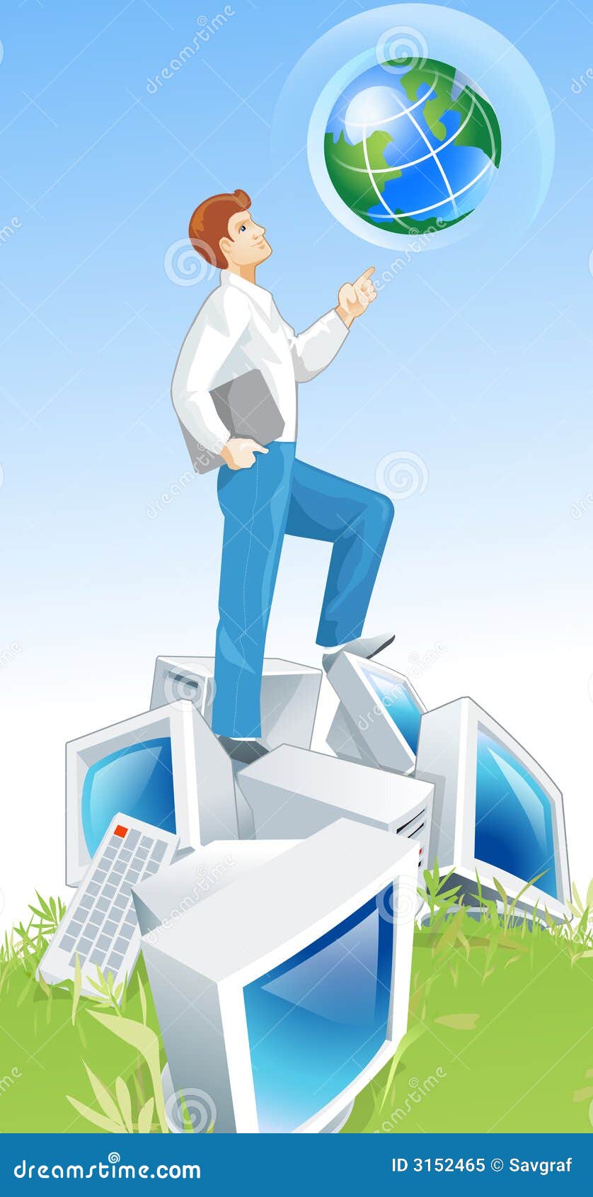 Man stand over computers stock illustration. Illustration of collect ...
