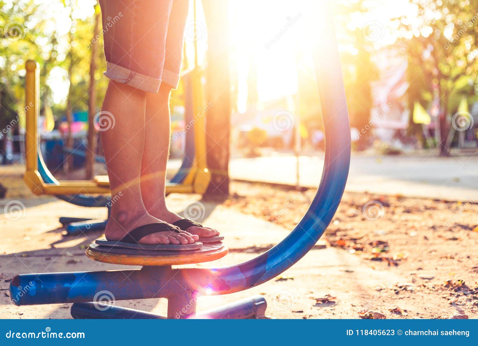 Man Stand on Public Exercise Machine. Stock Image - Image of beauty ...