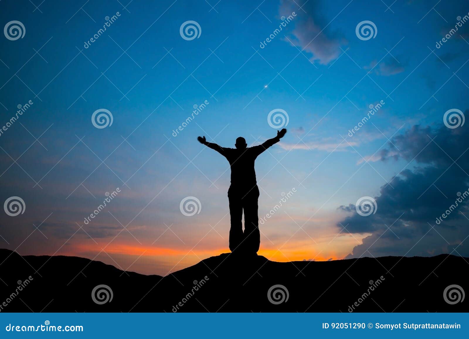 Man Stand at Sunset Hope for Success Stock Photo - Image of hand ...