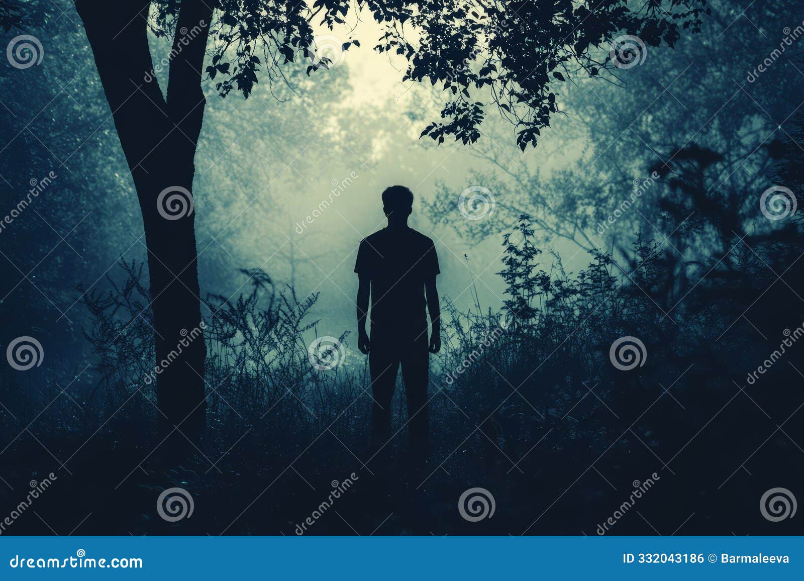 Man Standing Alone in a Dark Forest at Twilight Stock Photo - Image of ...