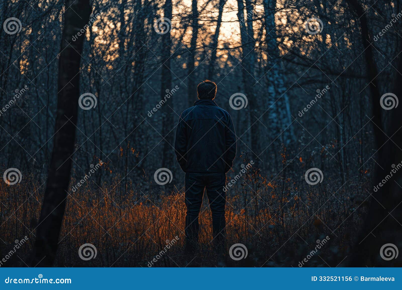 Man Standing Alone in a Dark Forest at Twilight Stock Photo - Image of ...