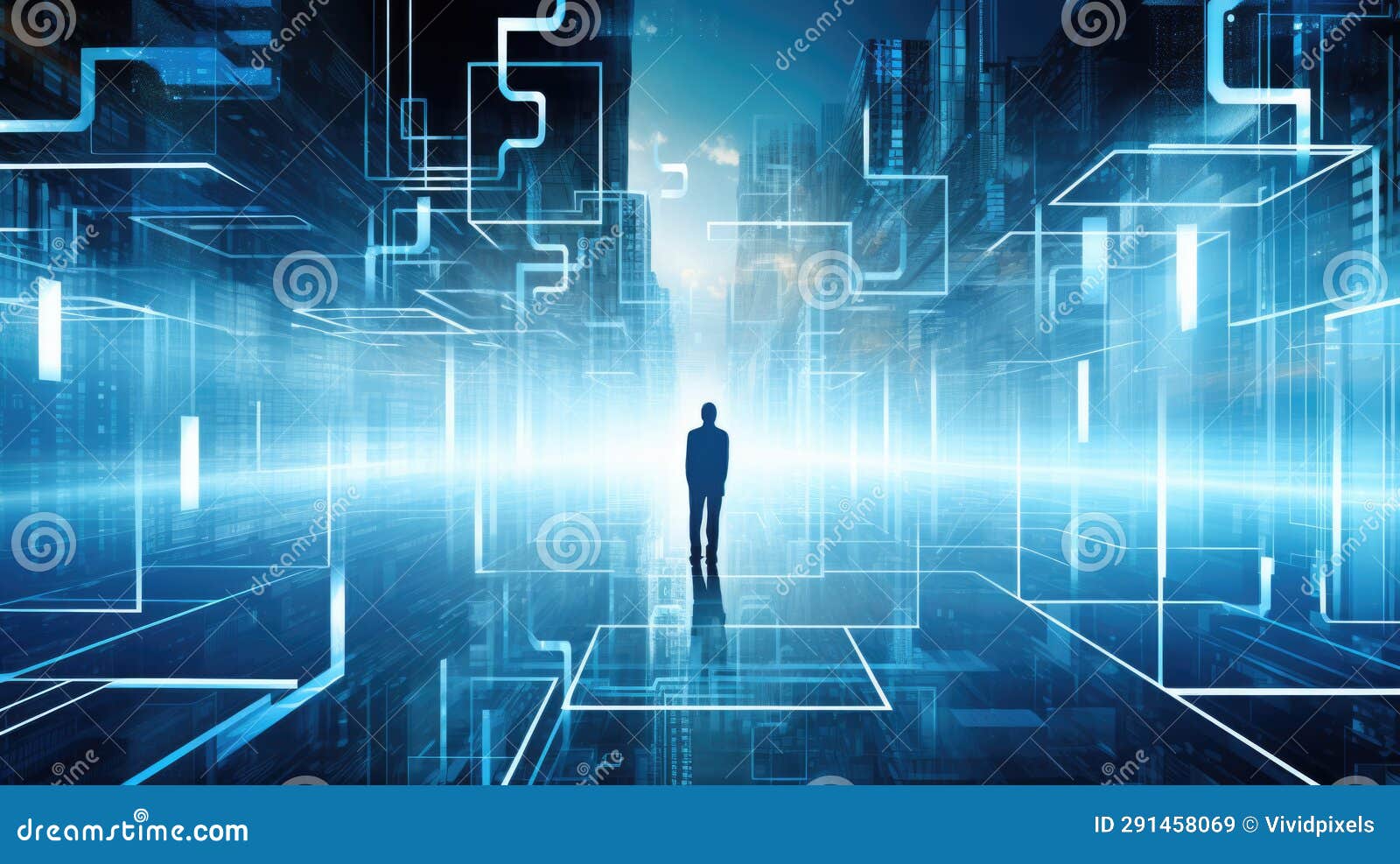 Man Standing Alone In The Midst Of High-tech Flowing Circuits Stock ...