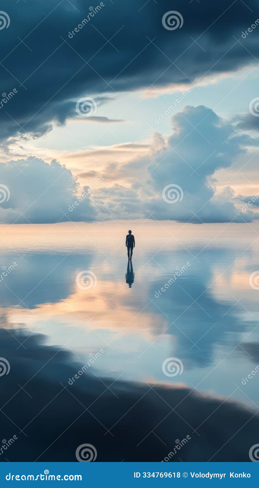 Man Standing Alone on Reflective Water at Sunset, Peaceful Solitude ...