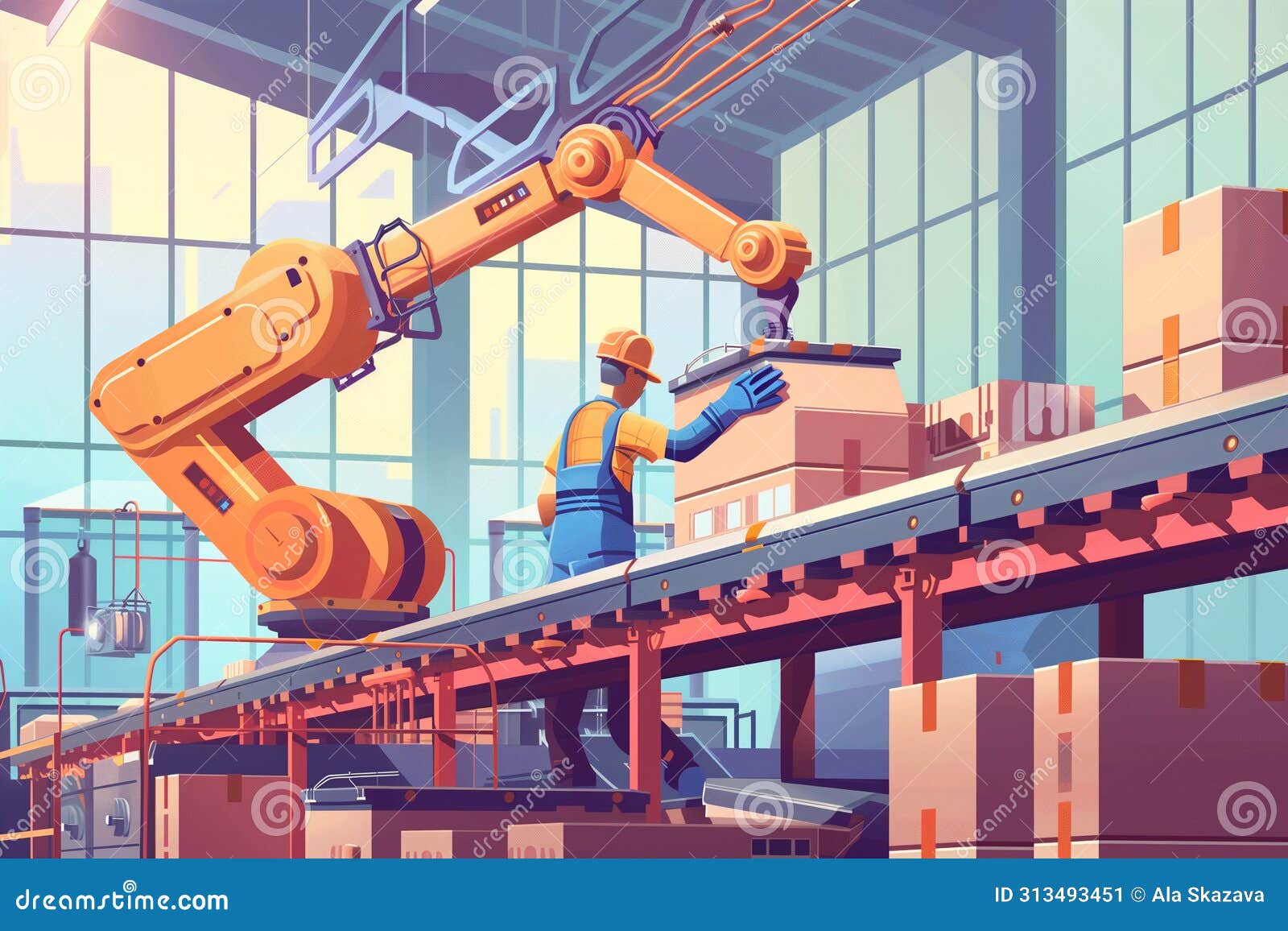 Man Standing Atop Conveyor Belt Stock Illustration - Illustration of ...