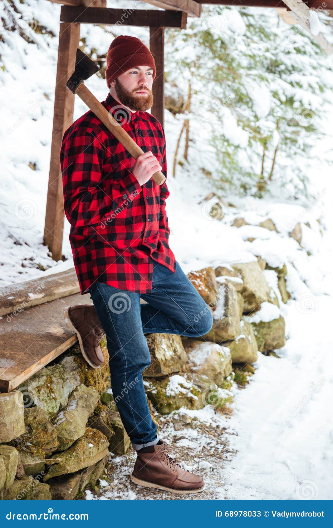Man Standing with Axe Outdoors Stock Image - Image of lumberjack, adult ...