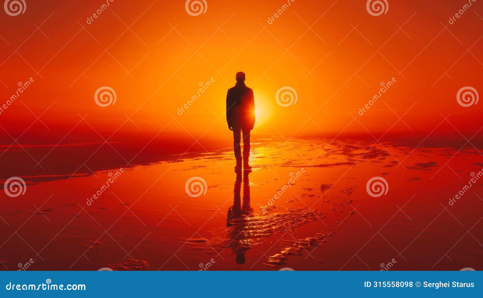 A Man Standing on a Beach at Sunset with the Sun Behind Him, AI Stock ...