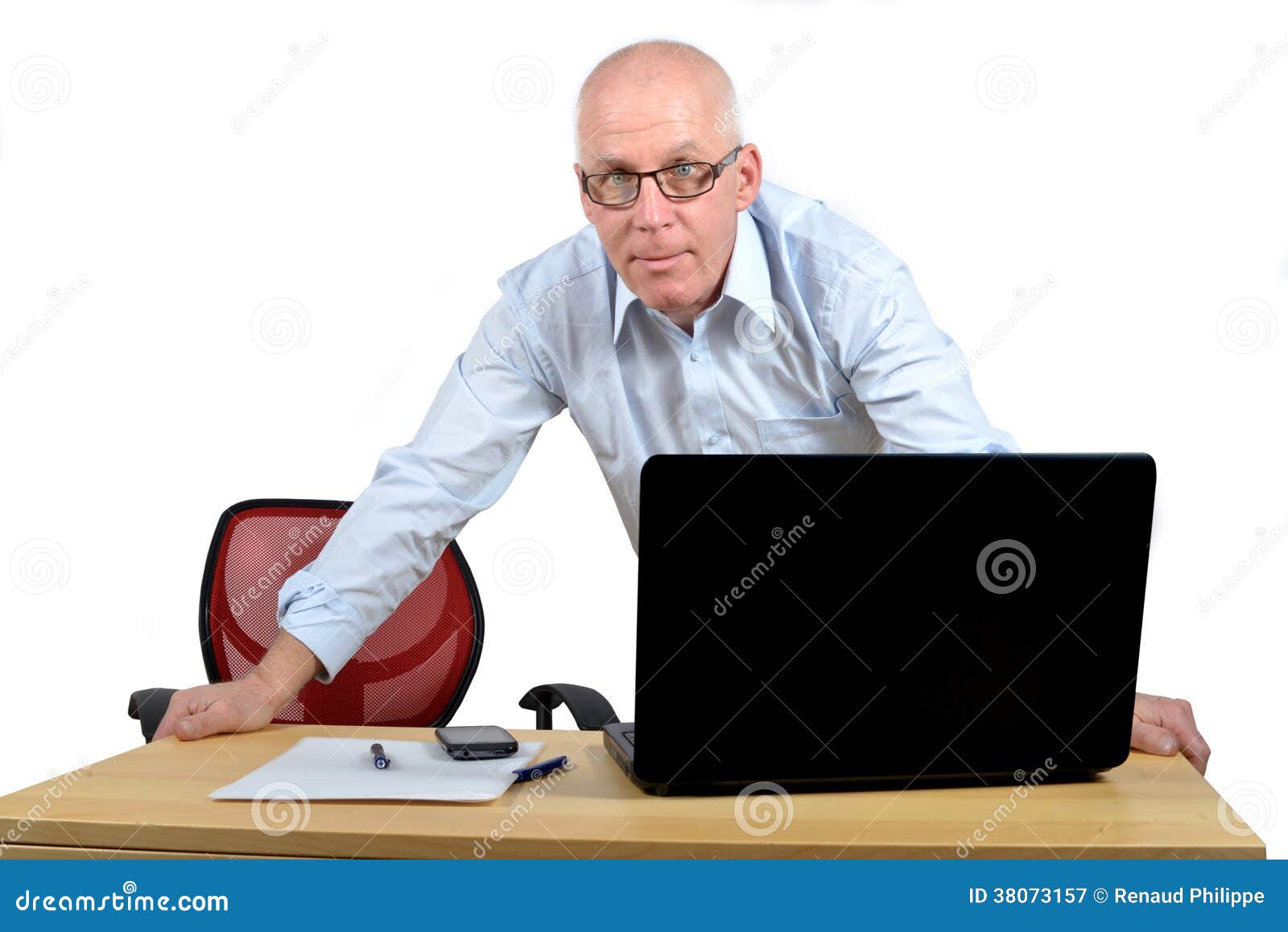 Man Standing Behind the Desk Stock Image - Image of shirt, workplace ...
