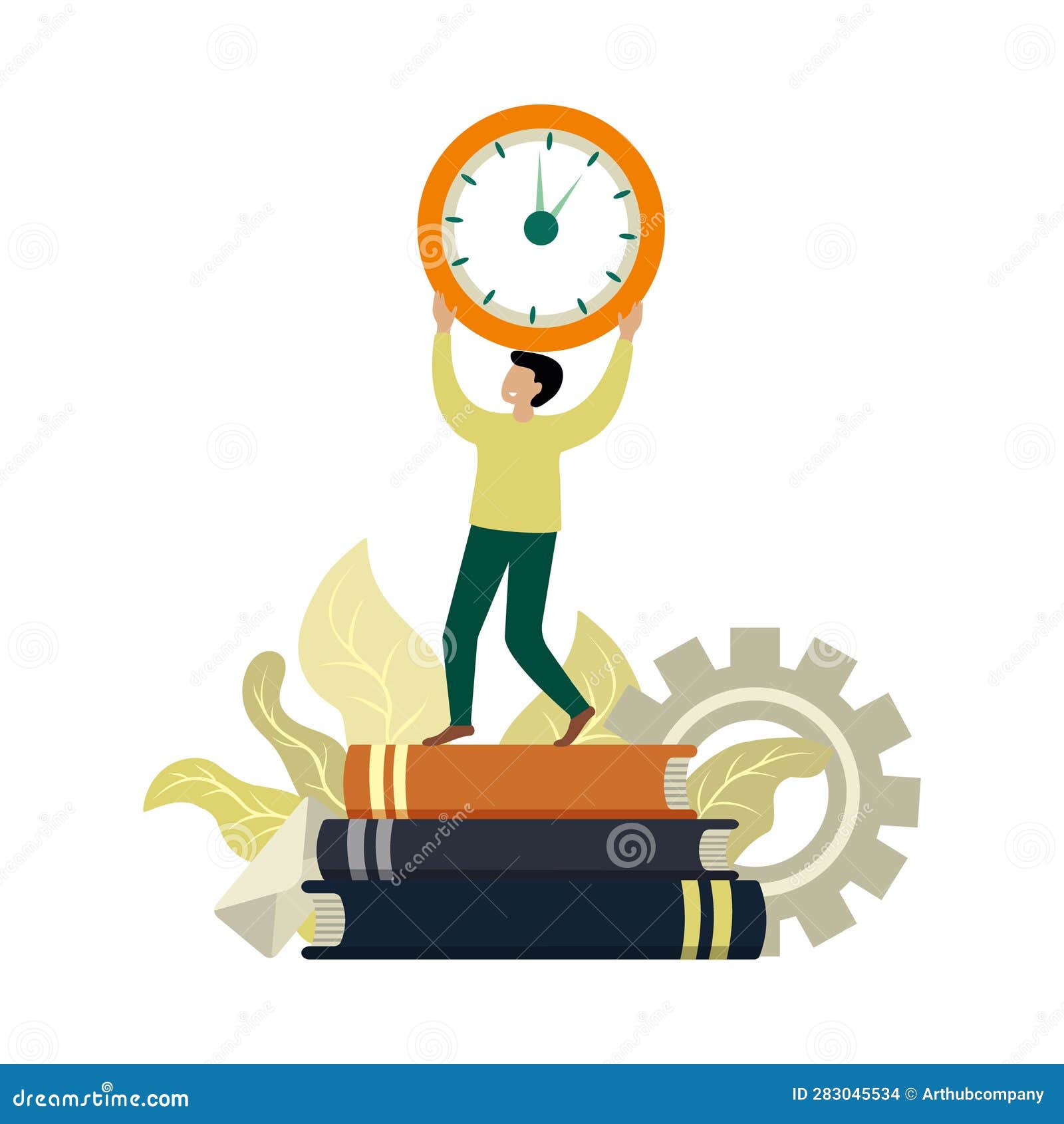 Man Standing on Books and Holding Clock. Worker Performing Duties on ...