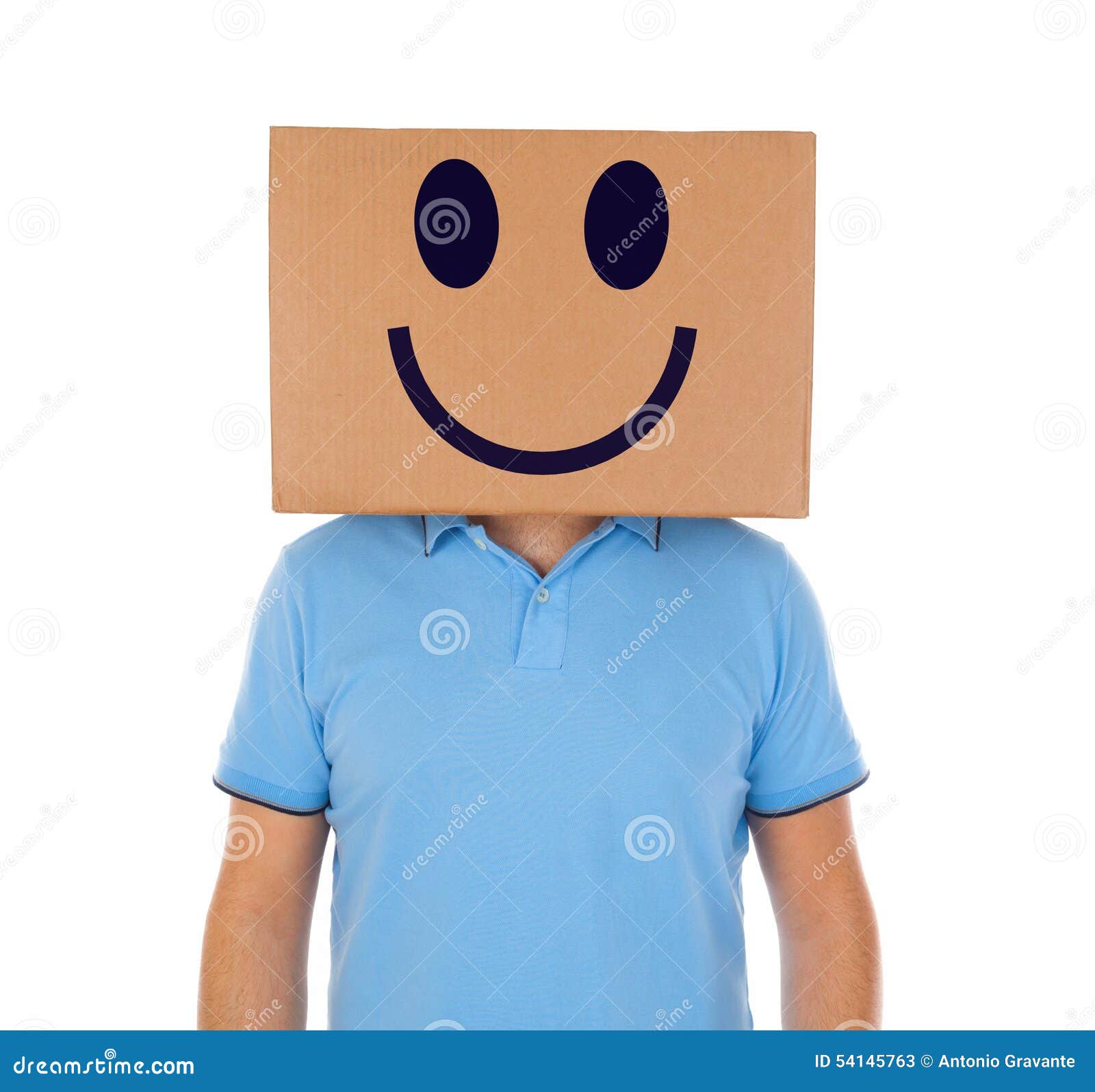 Man Standing with a Cardboard Box on His Head with Smiley Face Stock ...