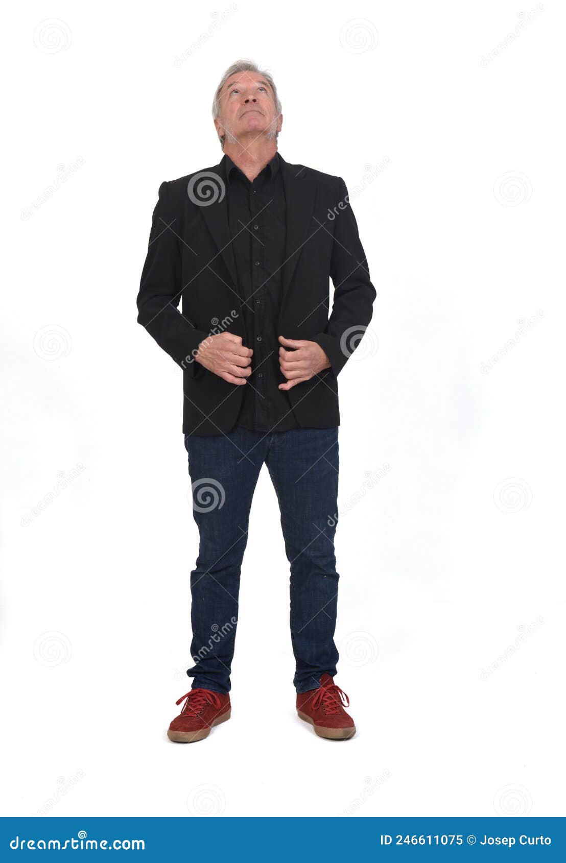 Man Standing on Chair on White Background Stock Image - Image of ...