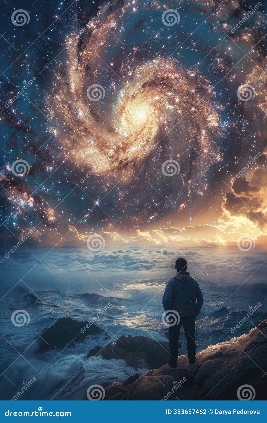 Man Standing on Cliff Gazing at Starry Galaxy Over Ocean at Sunset ...