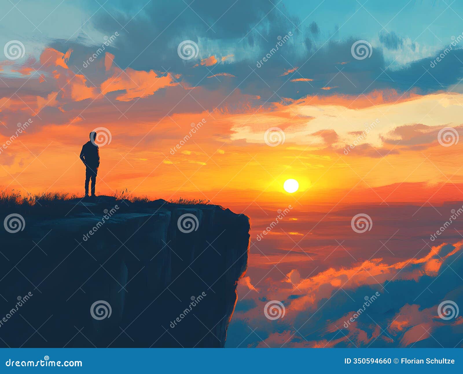 A Man Standing on a Cliff Looking Out at the Sunset Stock Illustration ...
