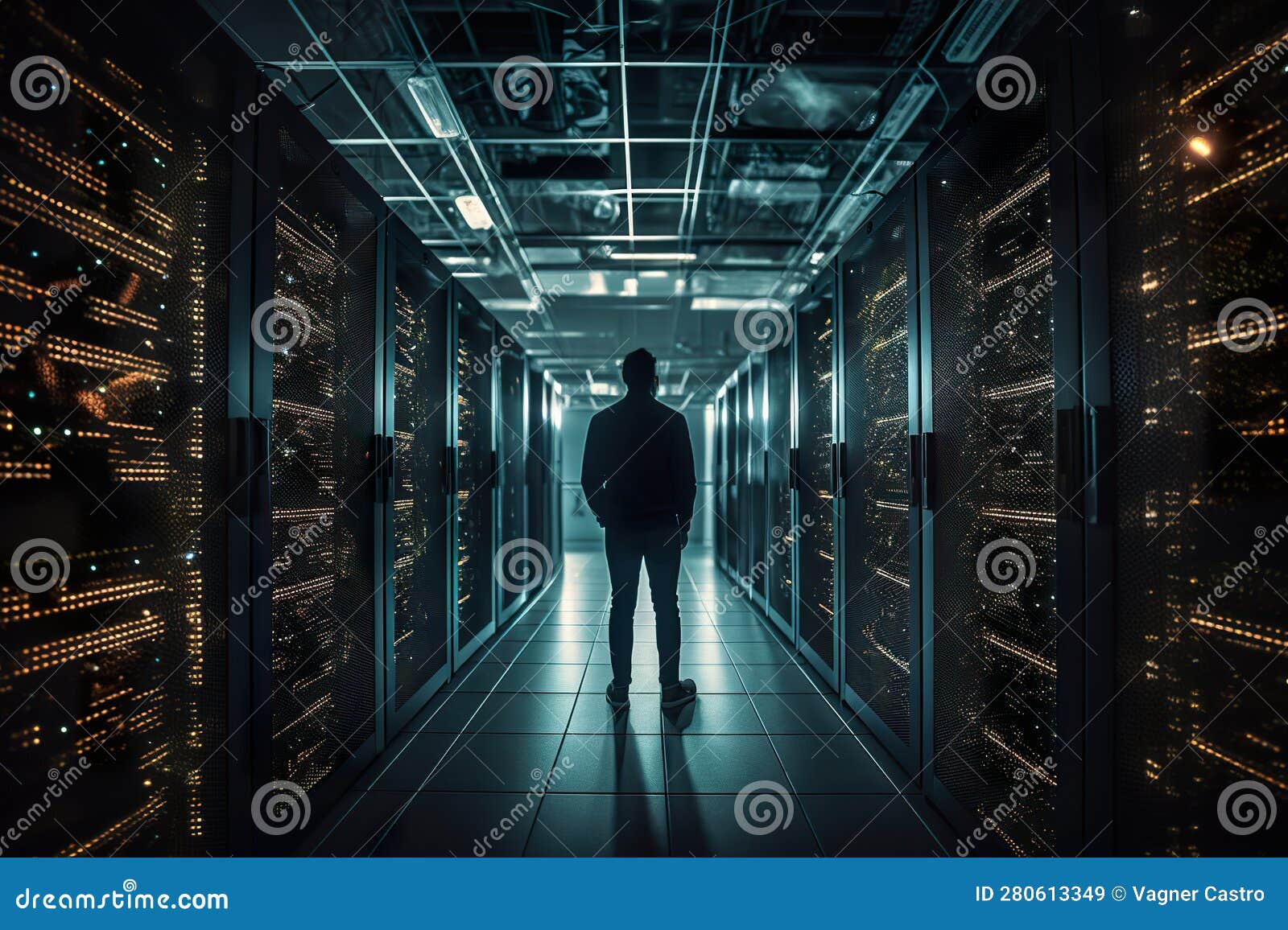 Man Standing in Cloud Based Data Storage Room. Web Backup Illustration ...