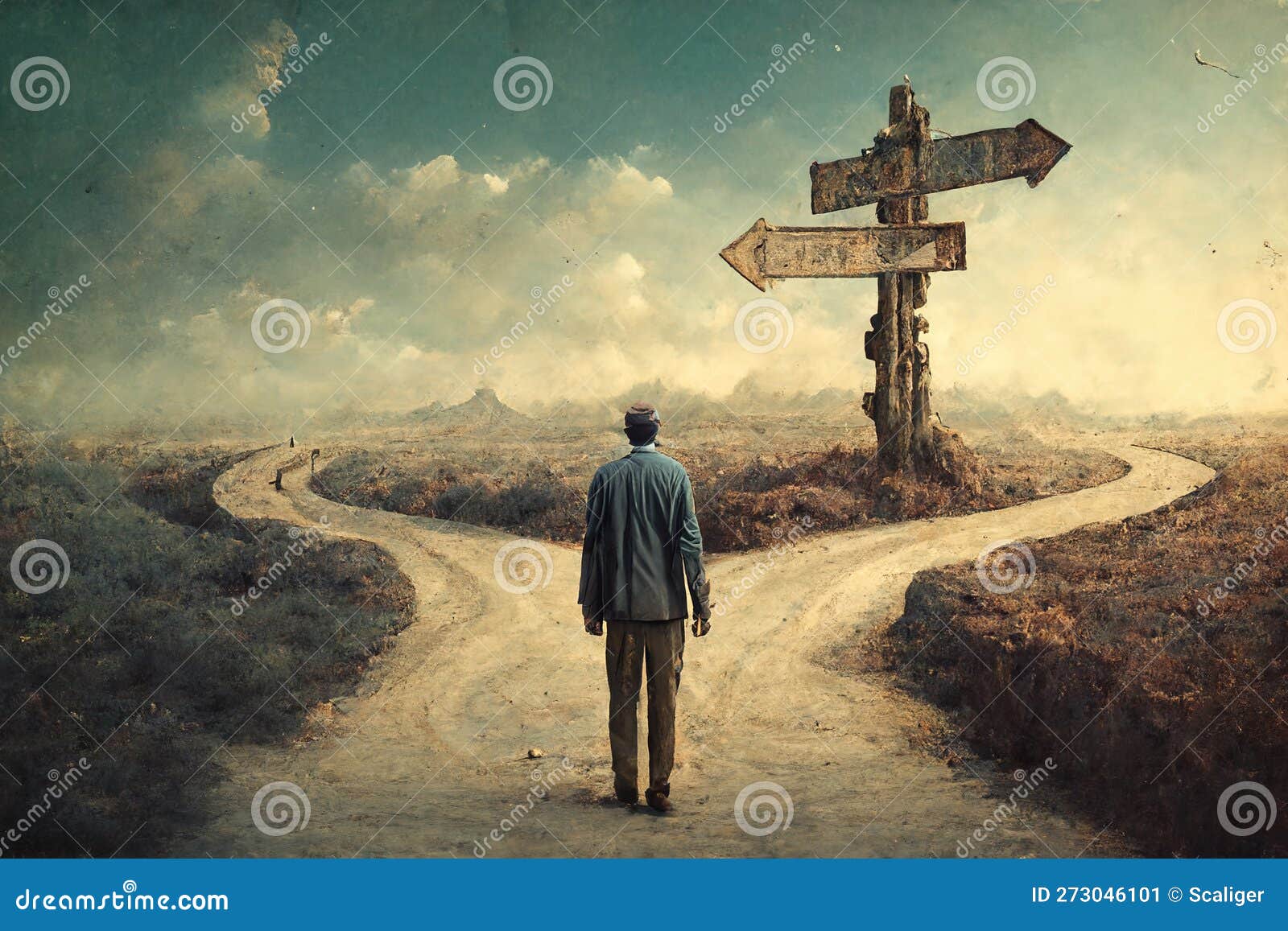 Man Standing At Crossroad Choosing Right Path, Choice Concept ... Man Standing At Crossroad Choosing Right Path, Choice Concept ...
