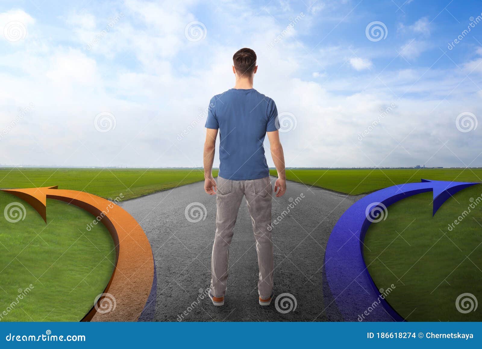 Man Standing at Crossroads. Choice between Different Ways Stock Photo ...