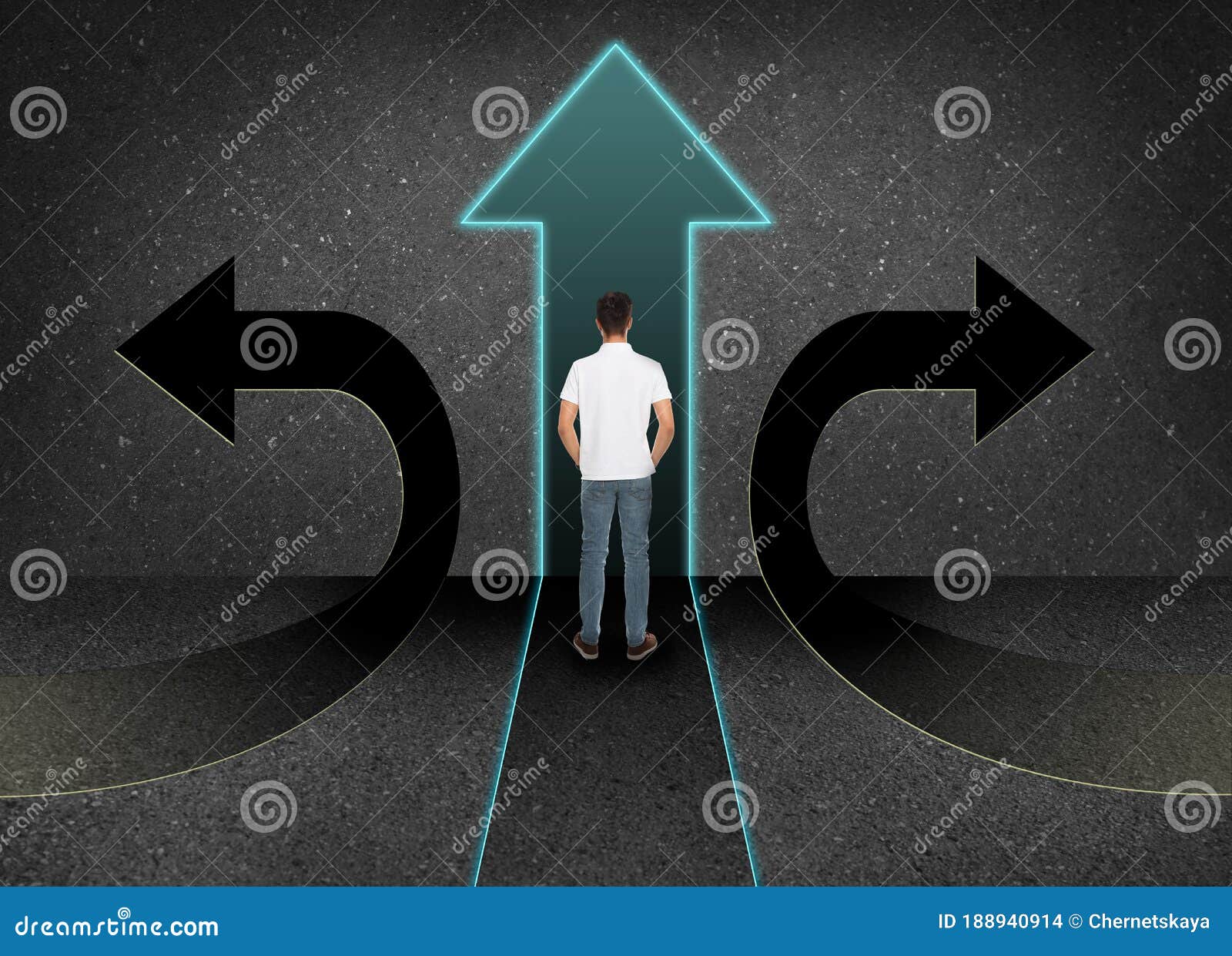 Man Standing at Crossroads. Choice between Different Ways Stock Photo ...
