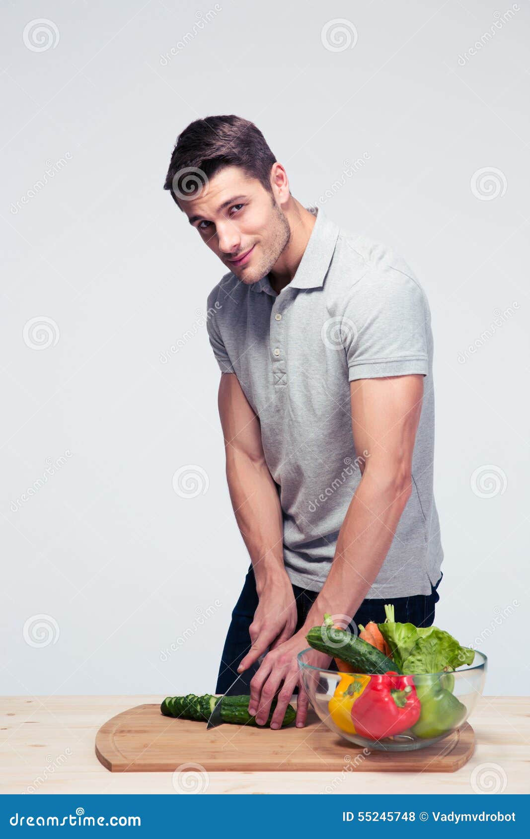 Man Standing and Cutting Vegetable Stock Photo - Image of food, people ...