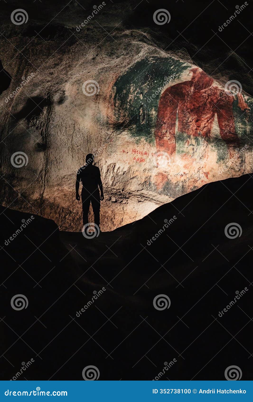 A Man Standing in a Dark Cave Their Torchlight Illuminating an Ancient ...