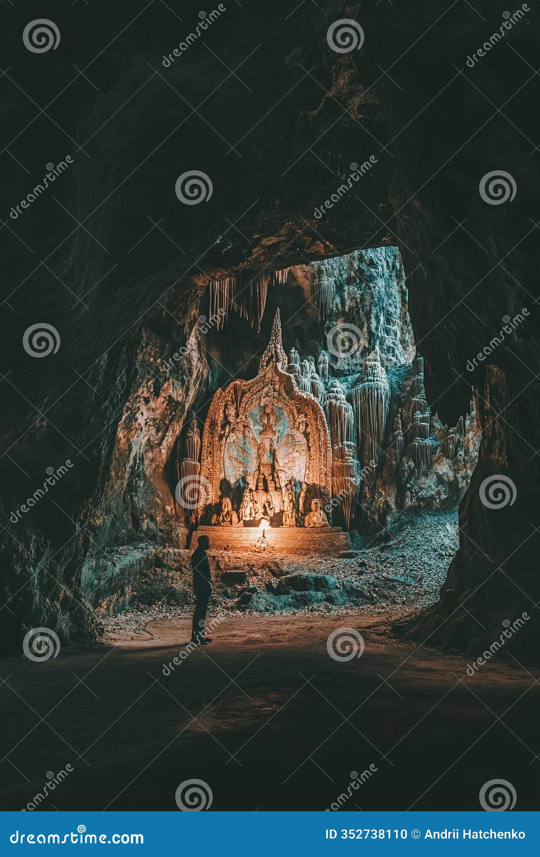 A Man Standing in a Dark Cave Their Torchlight Illuminating an Ancient ...