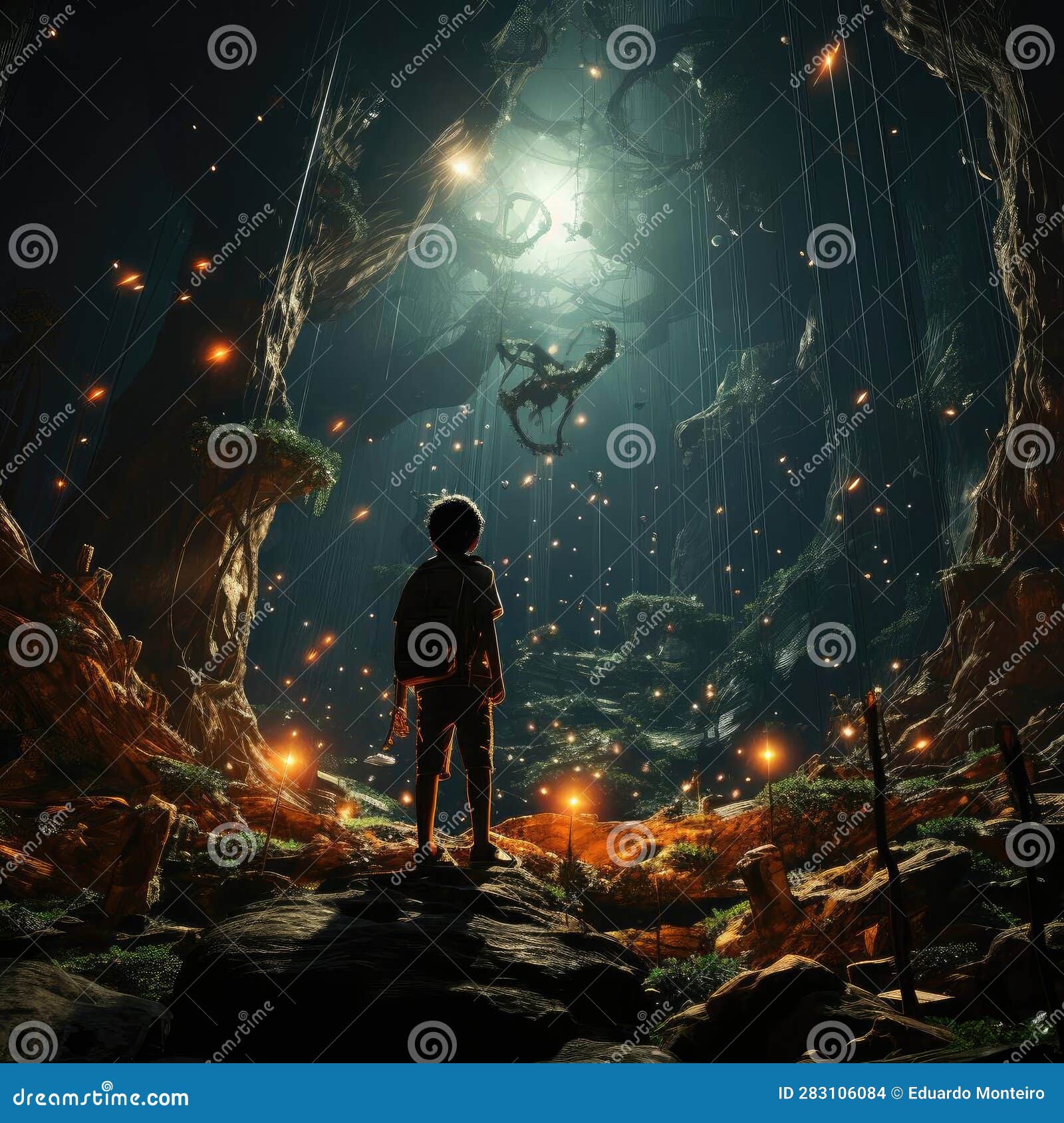 Man Standing in Dark Pit, Witnessing World Light Up Stock Illustration ...