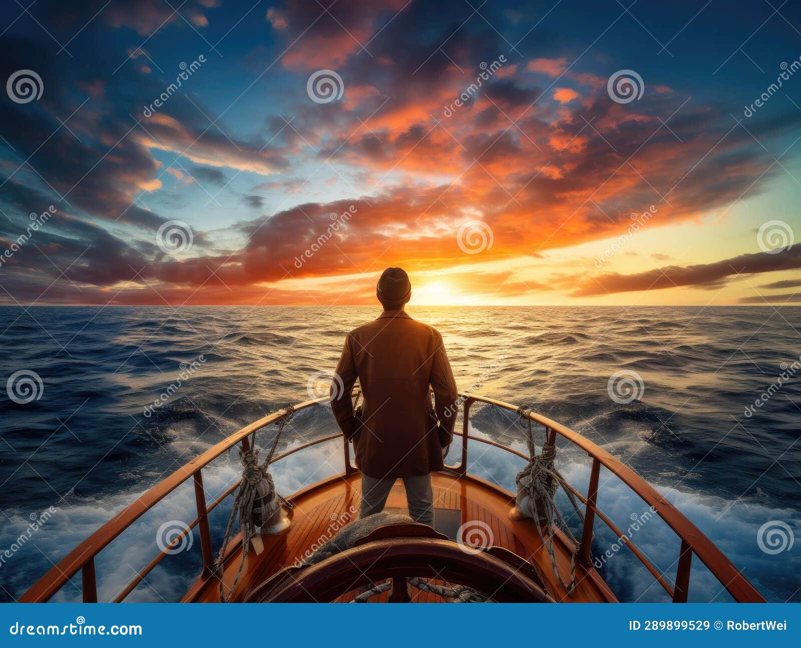 Man Standing on the Deck of a Ship and Watching Sunrise Stock ...