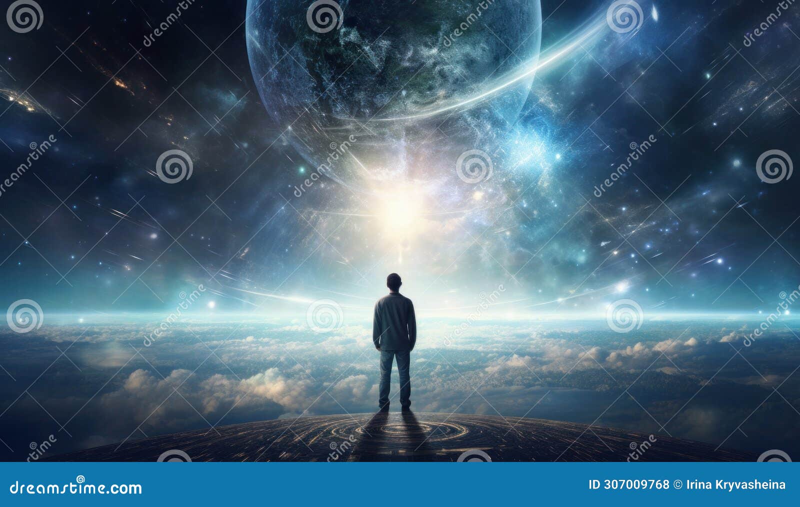 Man Standing on the Earth Looking at Earth from Space Stock Photo ...