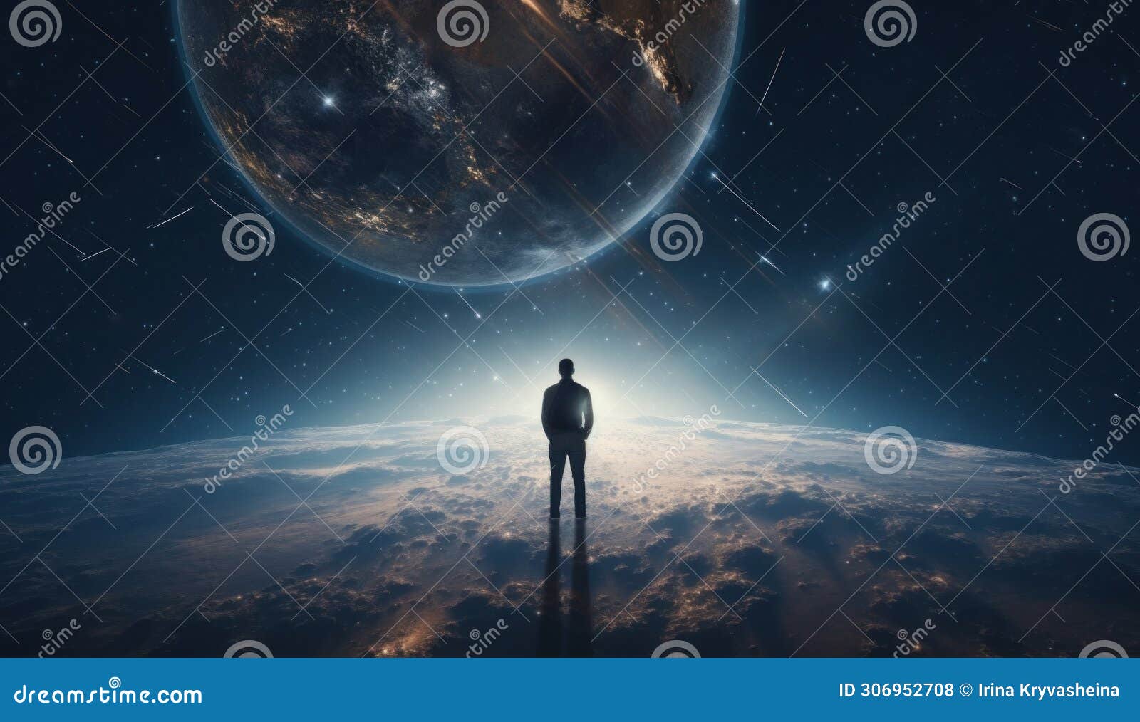 Man Standing on the Earth Looking at Earth from Space Stock Photo ...