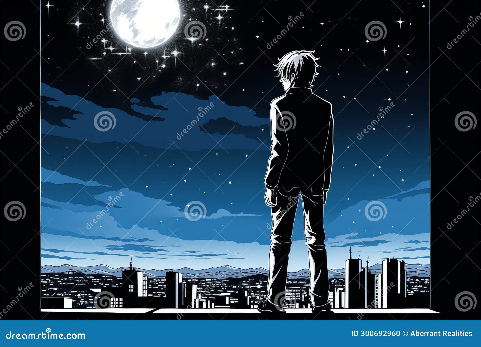 A Man Standing on the Edge of a Building Looking at the Night Sky Stock ...