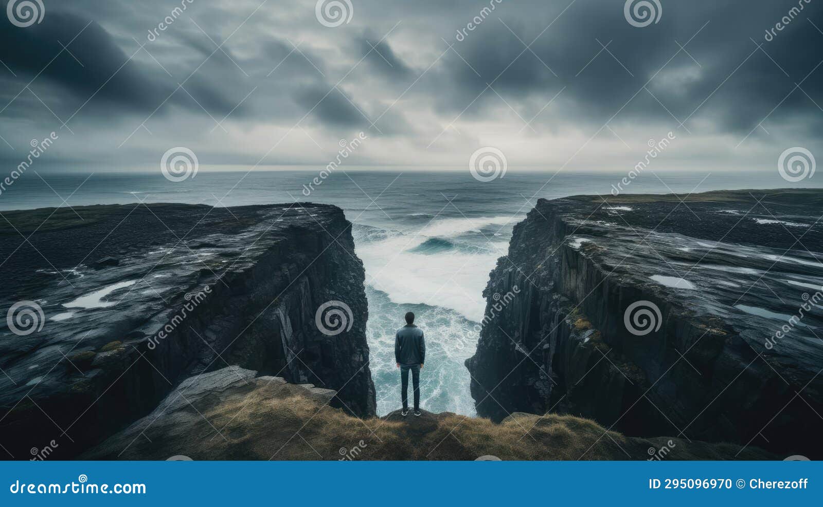 Man Standing on the Edge of a Cliff in Front of the Ocean Stock Photo ...