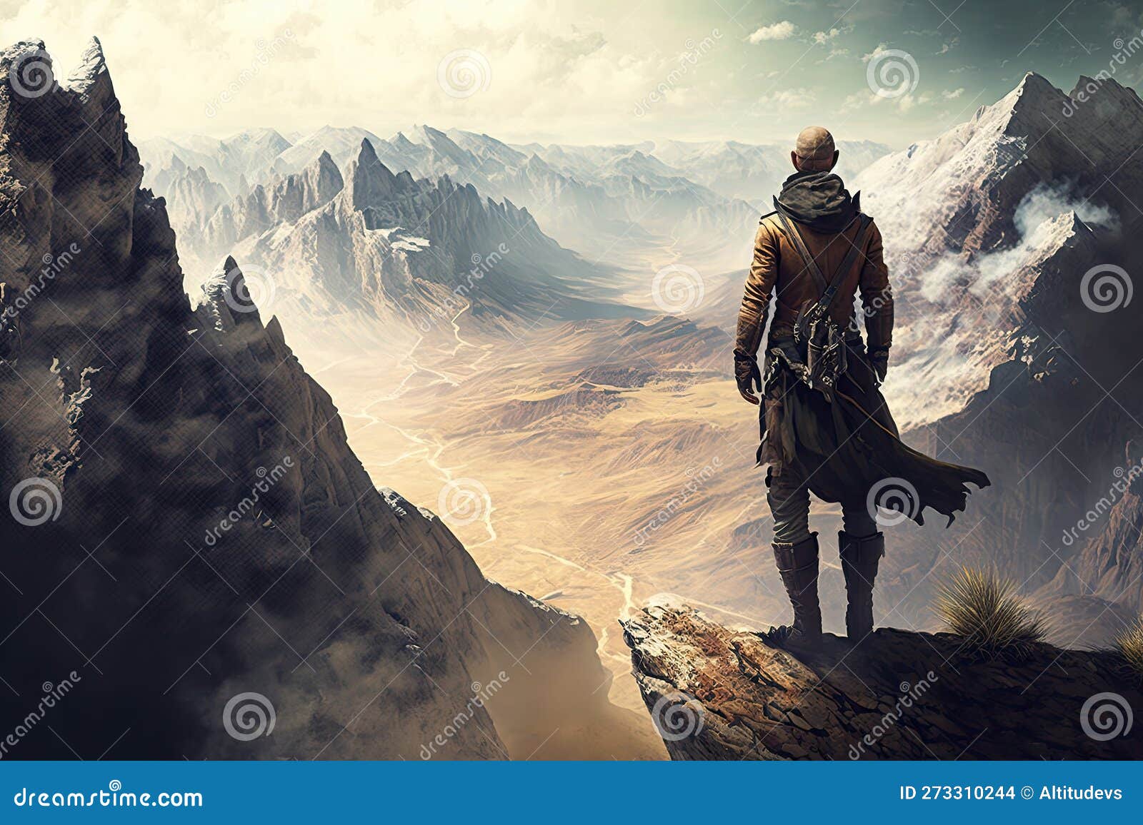 Man, Standing on the Edge of a Cliff, with Sweeping View of Mountain ...