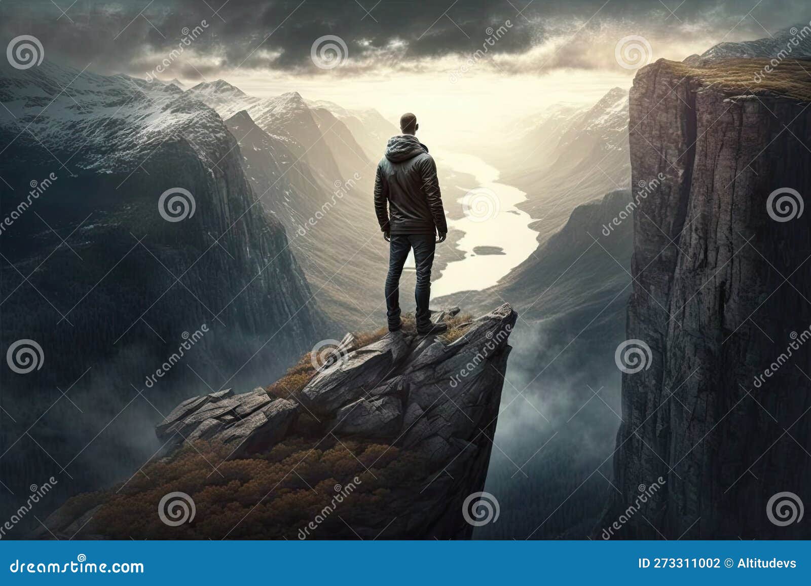 Man, Standing on the Edge of a Mountain Cliff, Looking Out Over ...