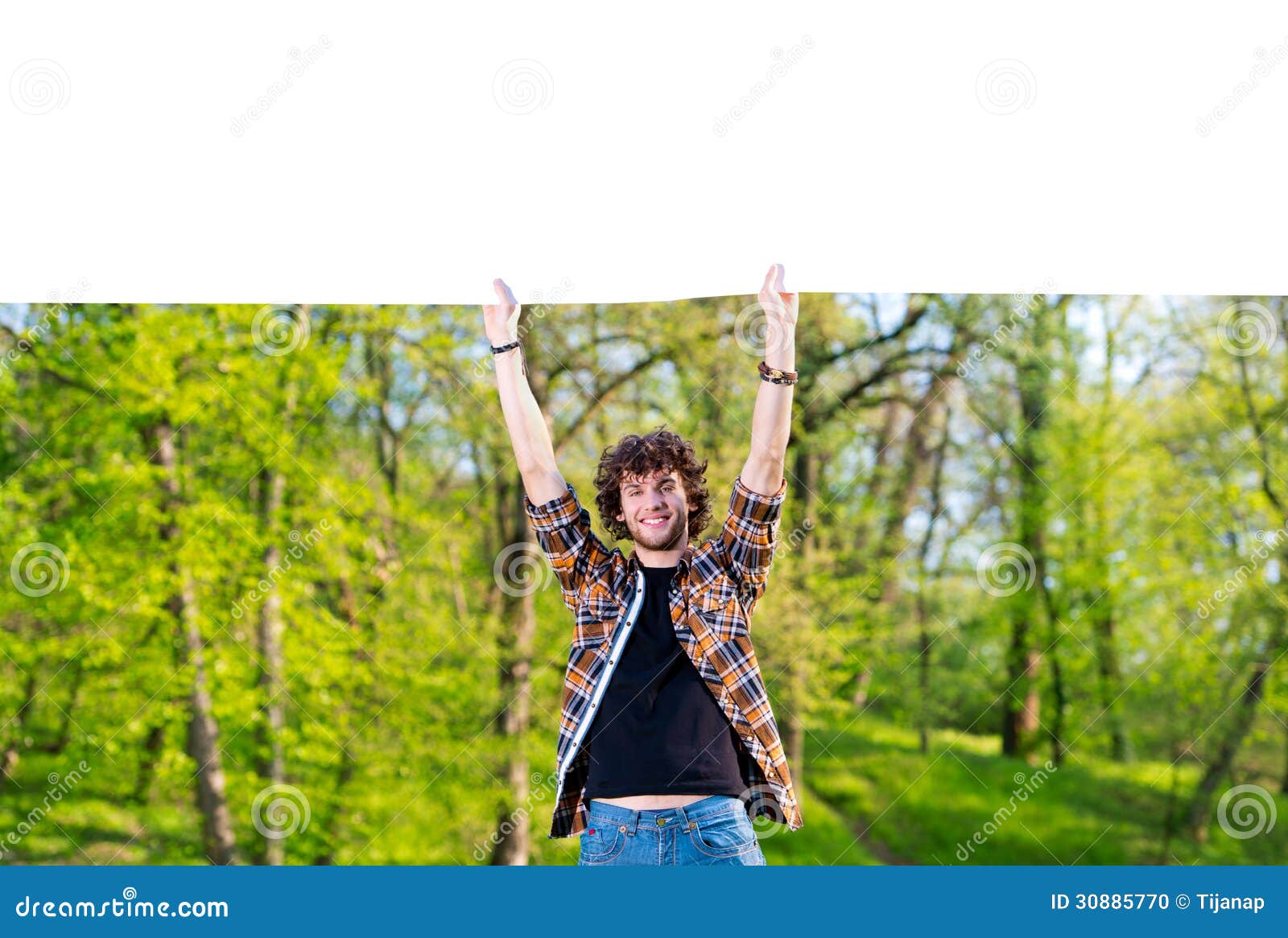 Man Standing in a Field with a Blank Sign Stock Photo - Image of green ...