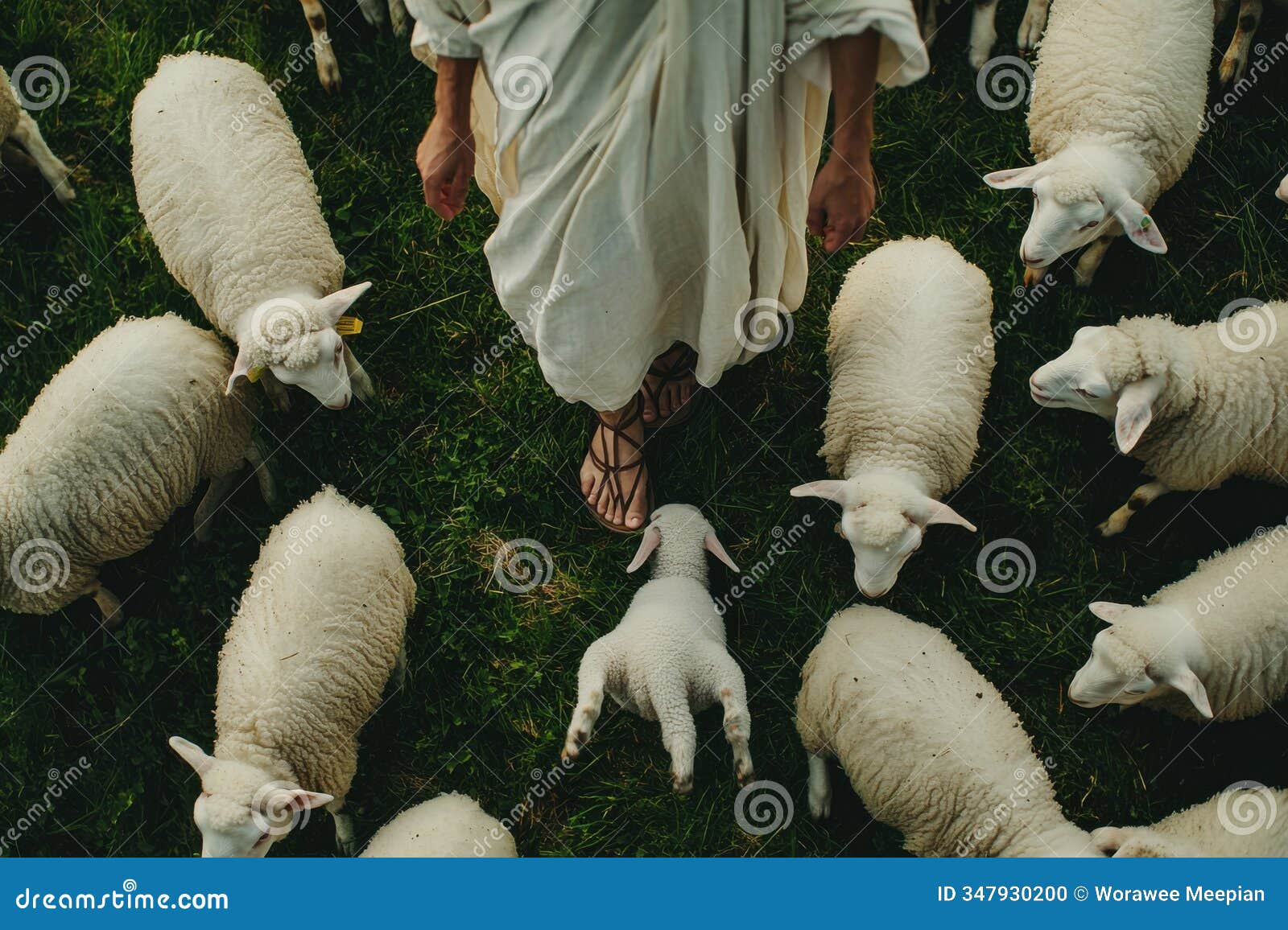 A Man is Standing in a Field with a Group of Sheep Stock Photo - Image ...