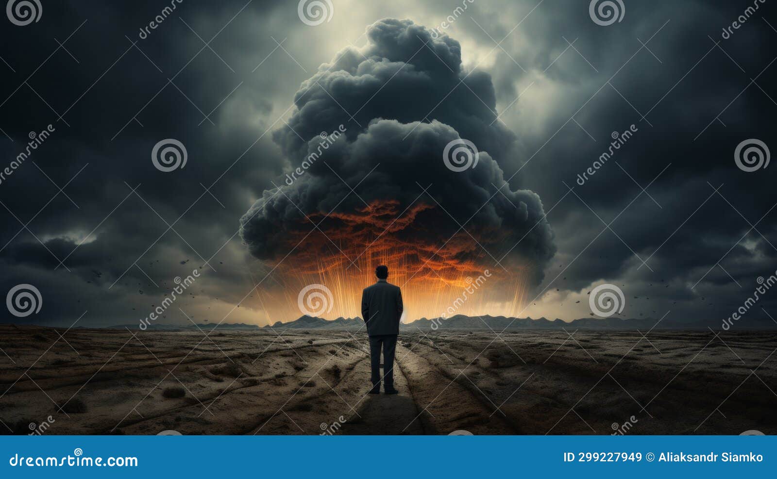 A Man Standing in a Field Looking at a Large Explosion Stock Image ...