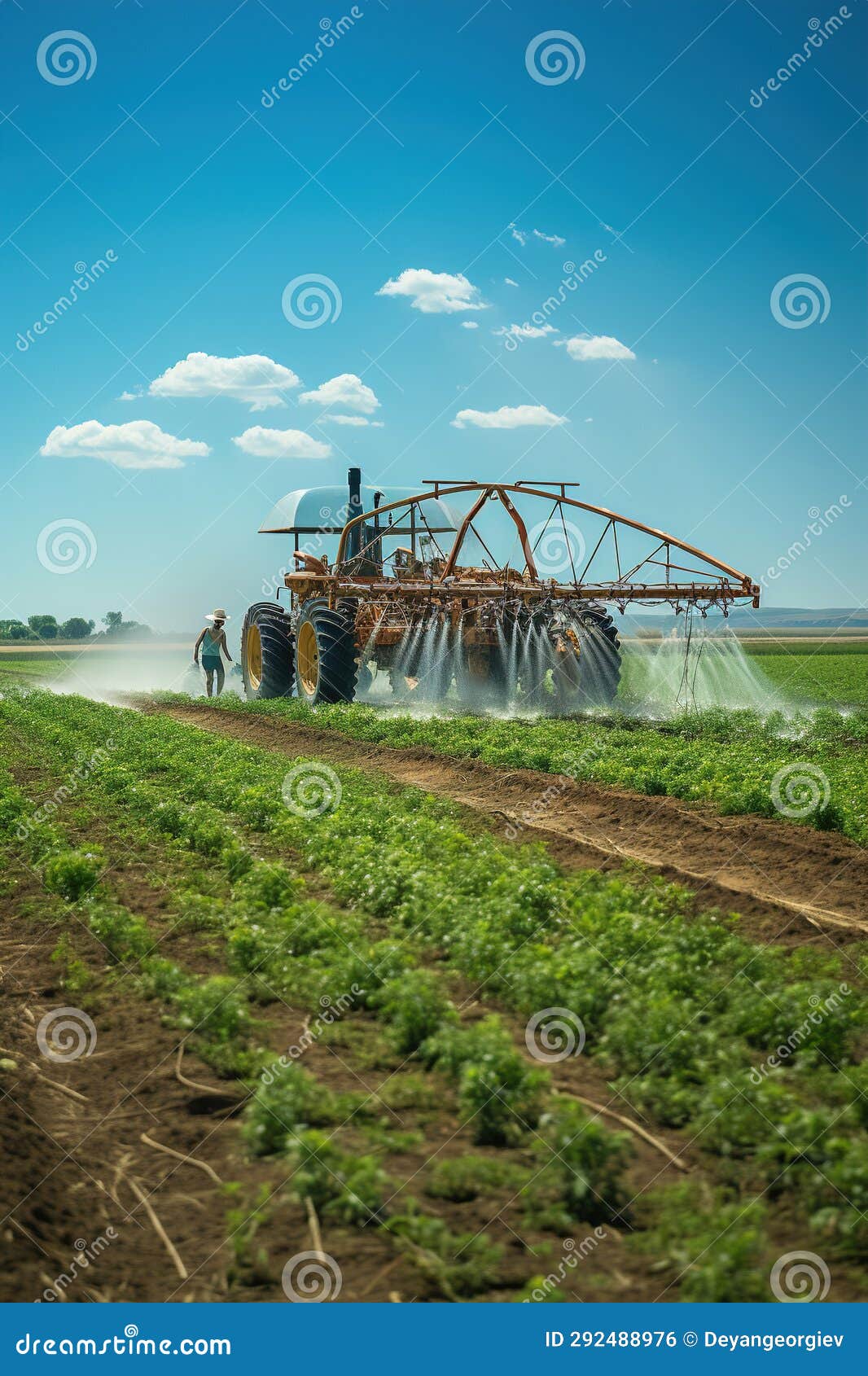 A Man Standing in a Field with a Sprinkle of Water. Agriculture Land ...