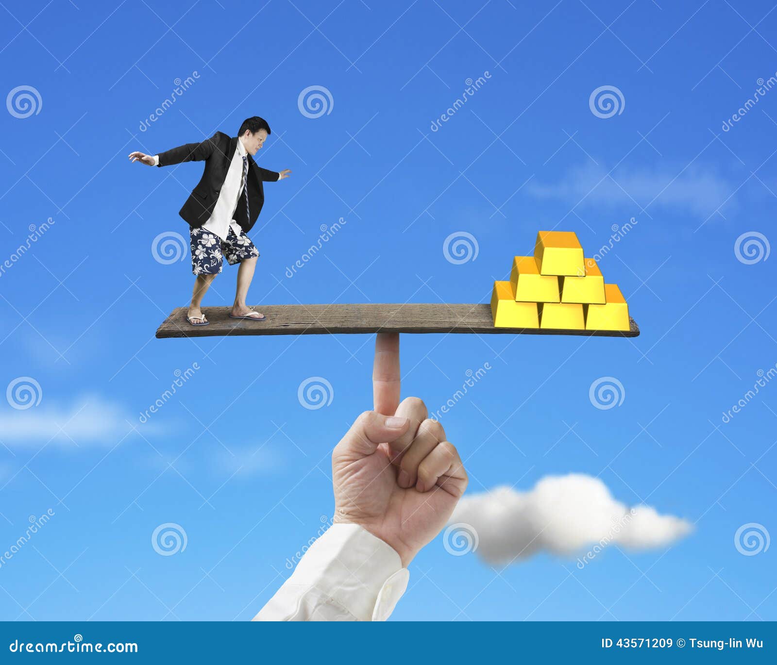 Man Standing on Finger Seesaw Vs Stack of Gold Stock Image - Image of ...
