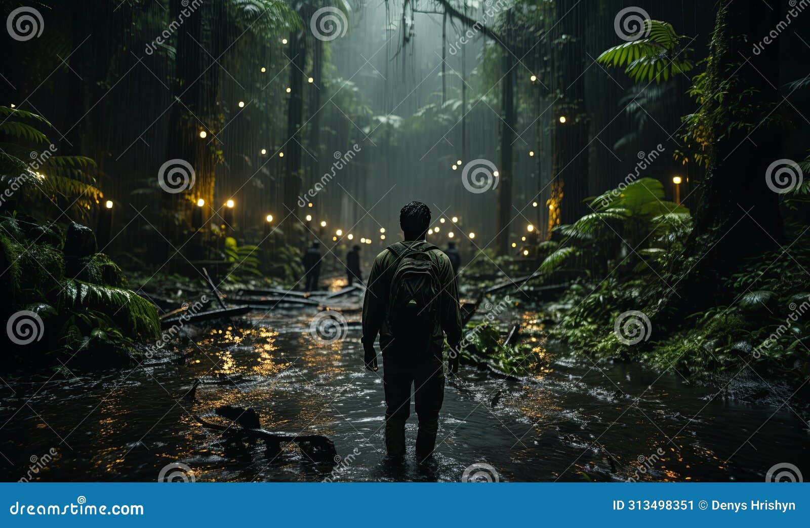 Man Standing in Forest at Night Stock Image - Image of surreal ...