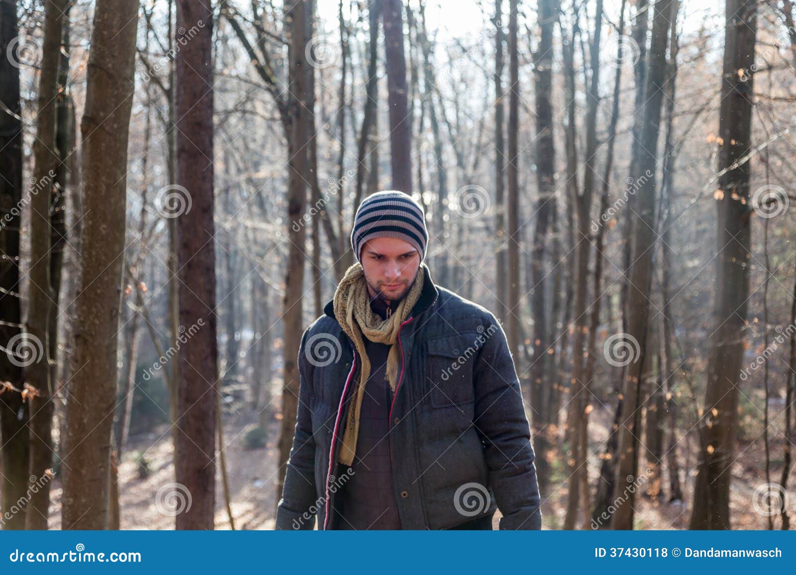 Man standing in the forest stock photo. Image of beanie - 37430118