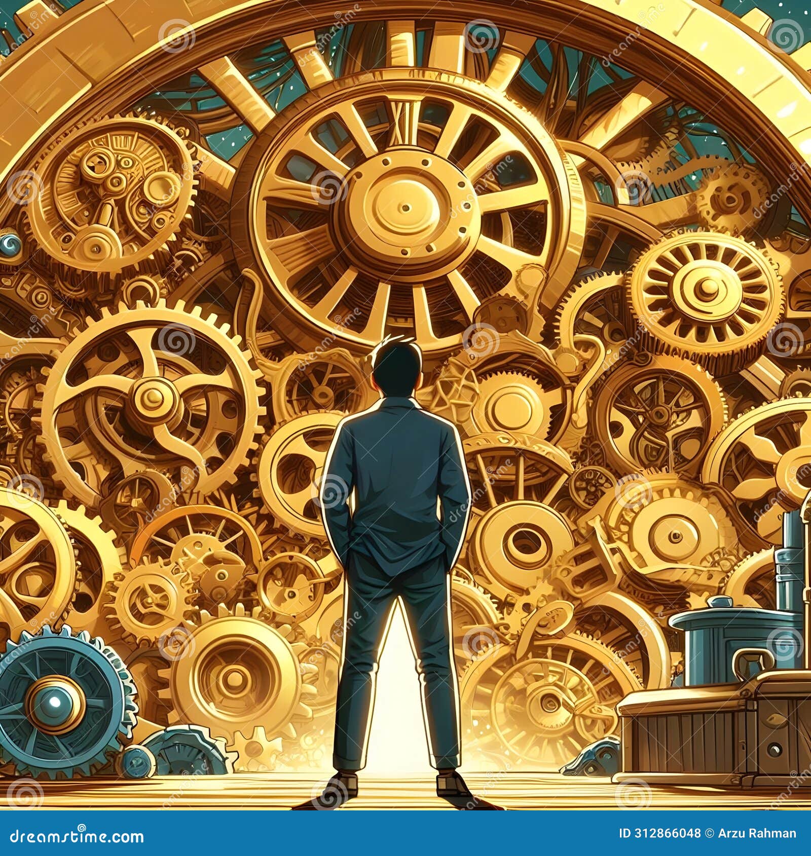 Man Standing in Front of the Big Golden Clockwork Digital Art Stock ...