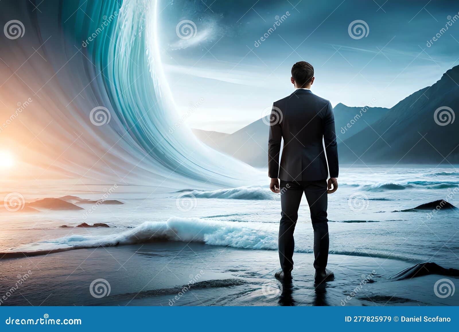 Man Standing Front of Big Strom Wave Abstract Background. Challenge and ...
