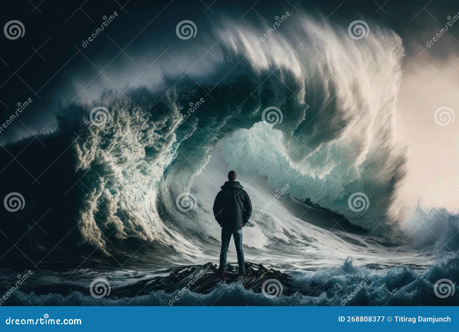 Man Standing Front of Big Strom Wave Background. Challenge and Brave ...