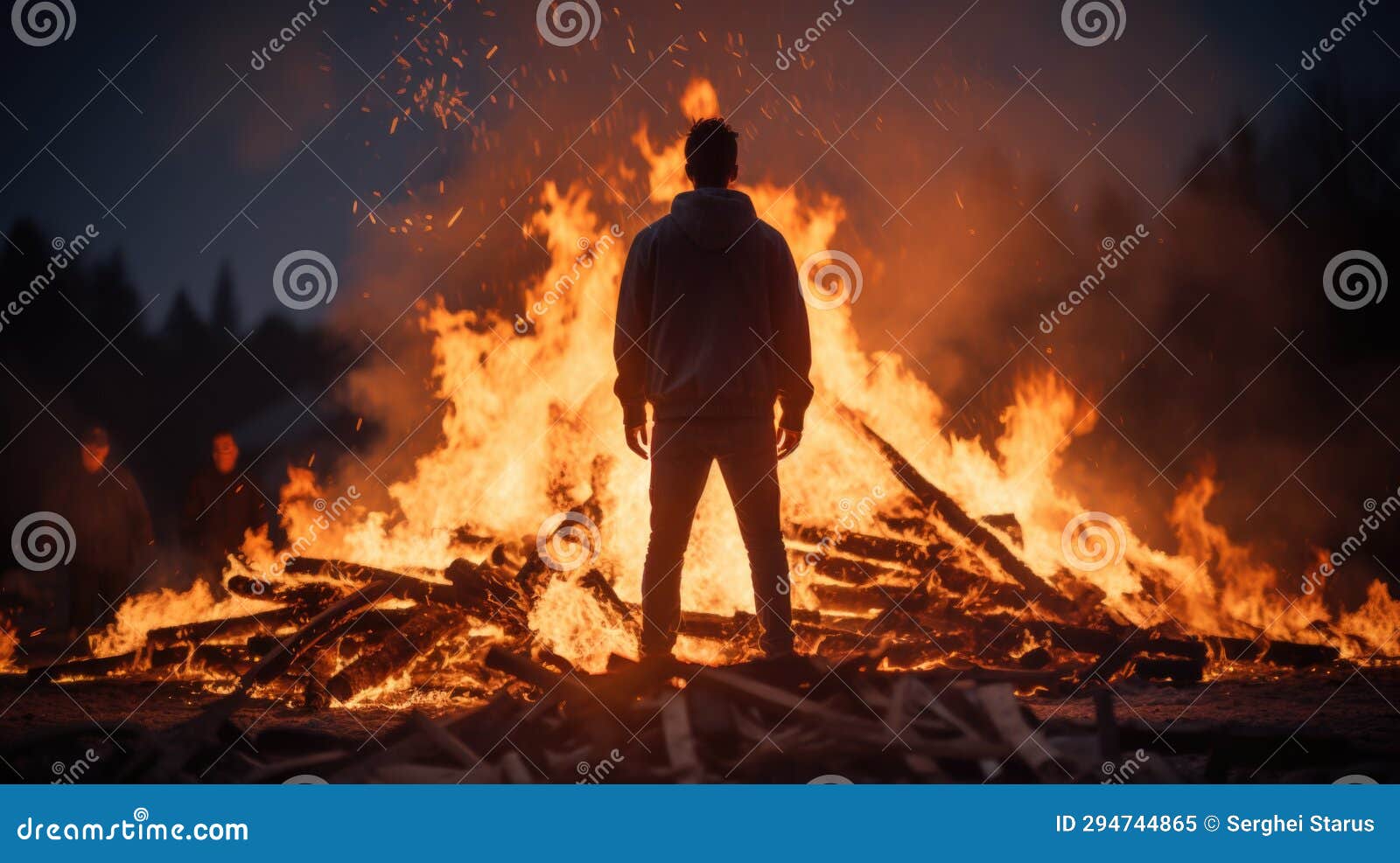 A Man Standing in Front of a Bonfire, AI Stock Illustration ...