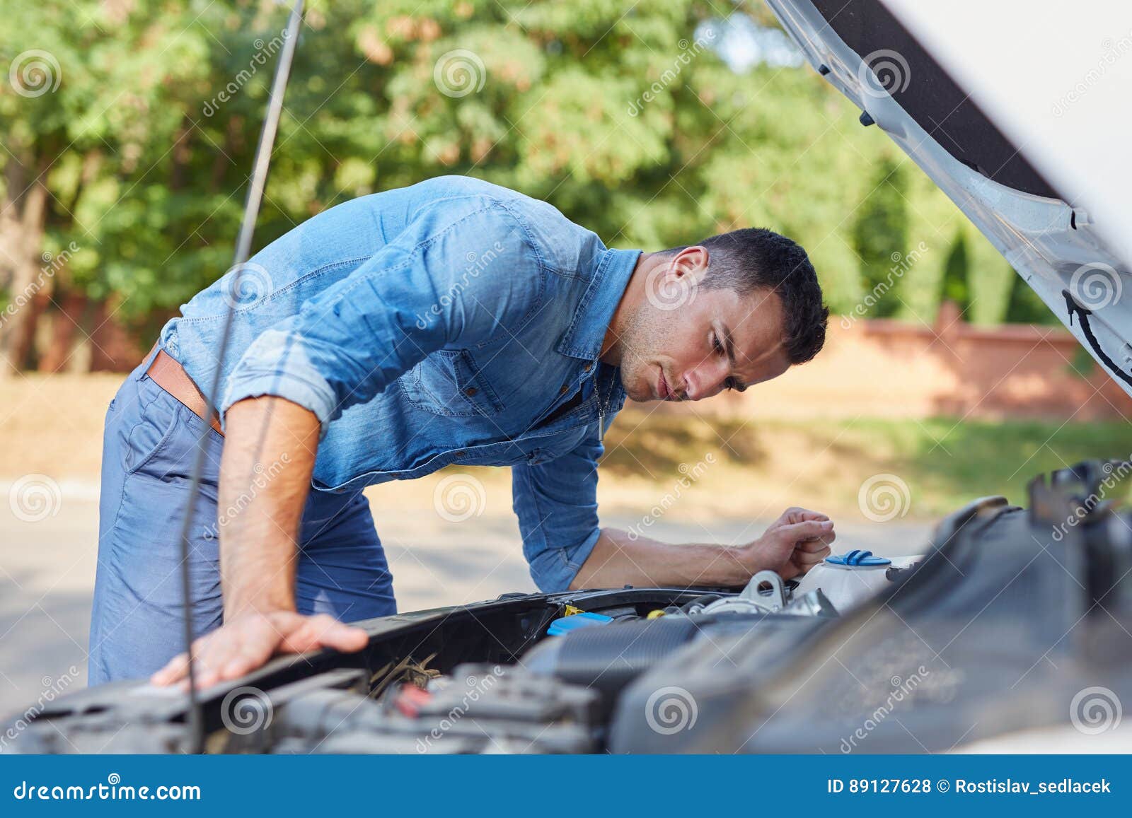 Man Standing in Front of a Broken Car Stock Photo - Image of service ...